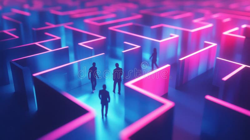 Businessmen Walking in a Neon Lit Maze Facing Challenges in the ...