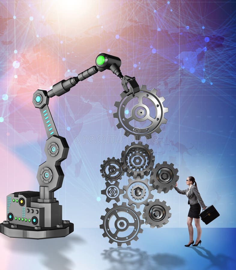 Businesspeople with Cogwheel and Robotic Arm Stock Photo - Image of ...