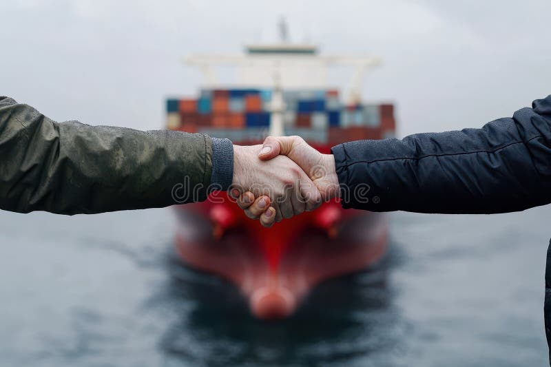 Businesspeople Exchanging Handshake in Front of Cargo Ship on Calm Waters Stock Photo - Image of ...
