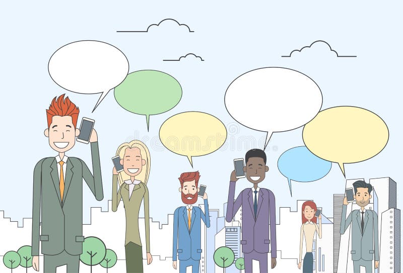 Businesspeople Group Smart Phone Talk Chat Bubble Stock Vector ...