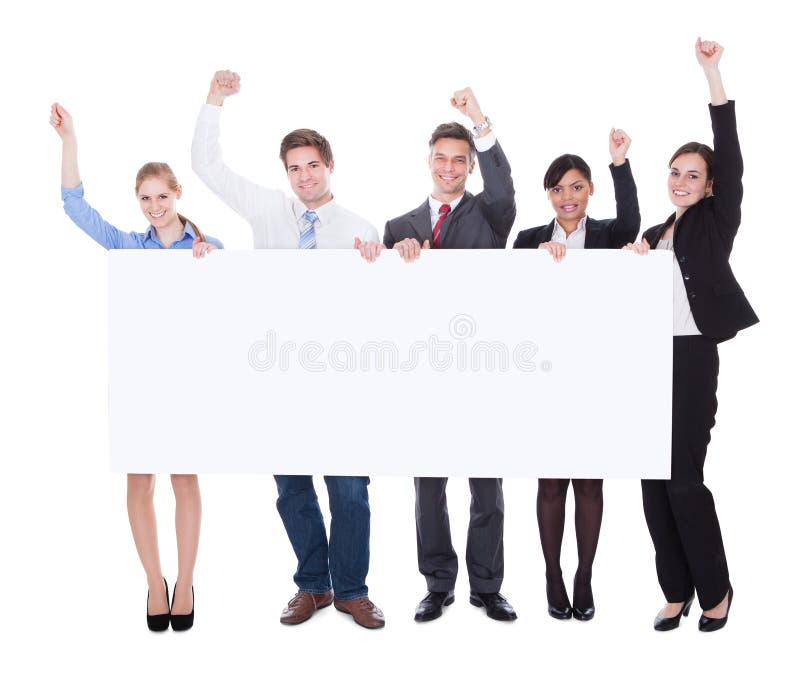 Businesspeople Raising Hand with Board Stock Photo - Image of blank ...