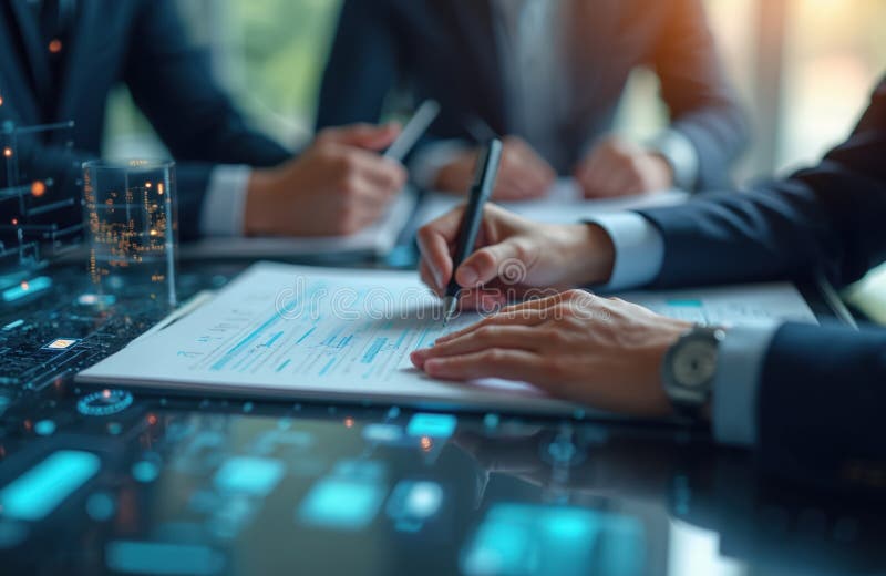 Businesspeople at Table Sign Contract in Modern Office, Digital ...
