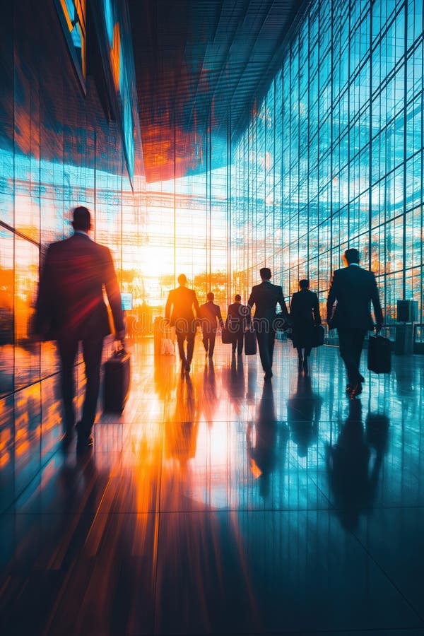 Businesspeople Walking in Modern Office Corridor at Sunset Stock ...