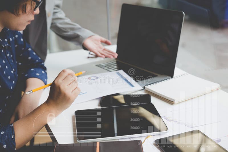 Businesspeople Working with Document and Computer in Office Work Stock ...