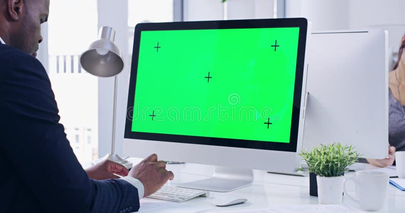 Businesspeople Working on Green Screen Computers with Chroma Key and ...