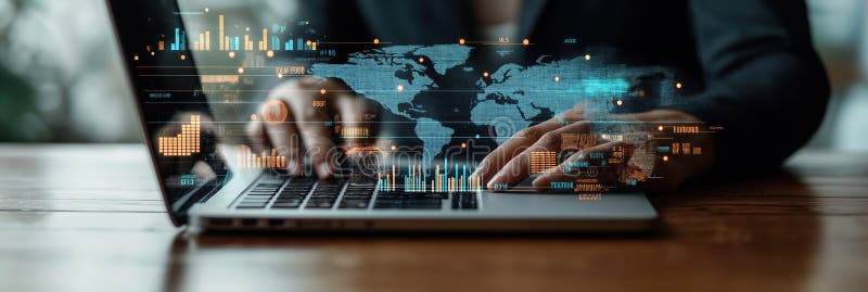 Businessperson Analyzes Data on Laptop. Global Data Trends Visualized ...