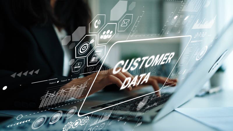 Businessperson Analyzing Customer Data on Laptop with Digital Graphs ...