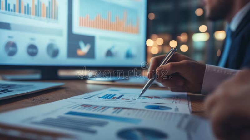 A Businessperson Analyzing Data with a Pen and Charts Stock ...