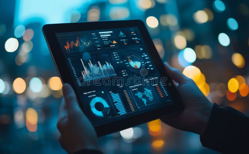 A Businessperson in a High-tech Office Environment Examines Financial ...