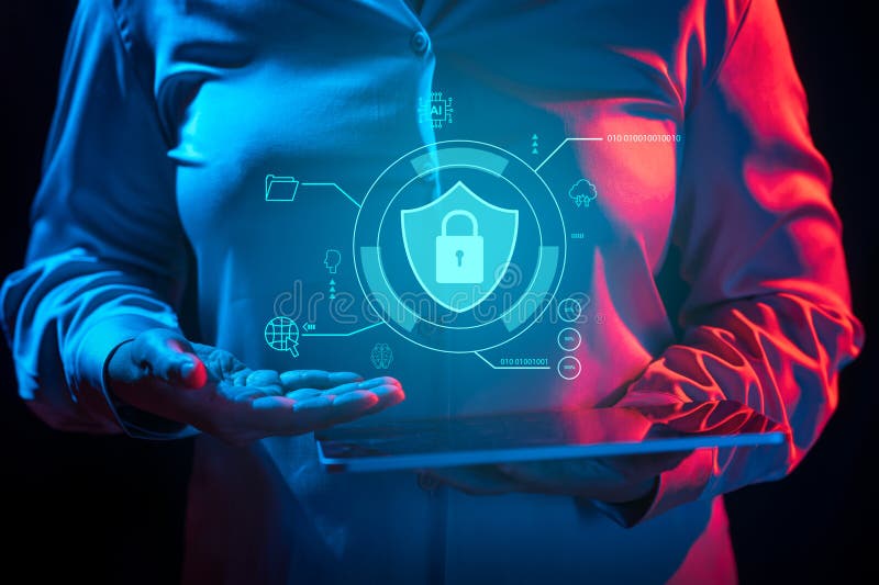 Businessperson Holding Tablet while Showing Security Icon. Technology ...