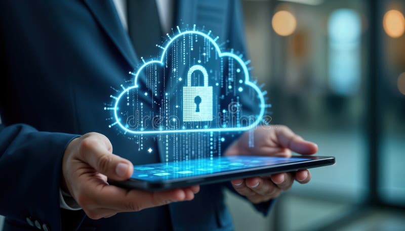 Businessperson Holds Tablet Showing Holographic Cloud Computing Concept ...