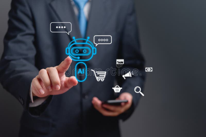 Businessperson Interacting with AI Chatbot Interface. Represents AI ...