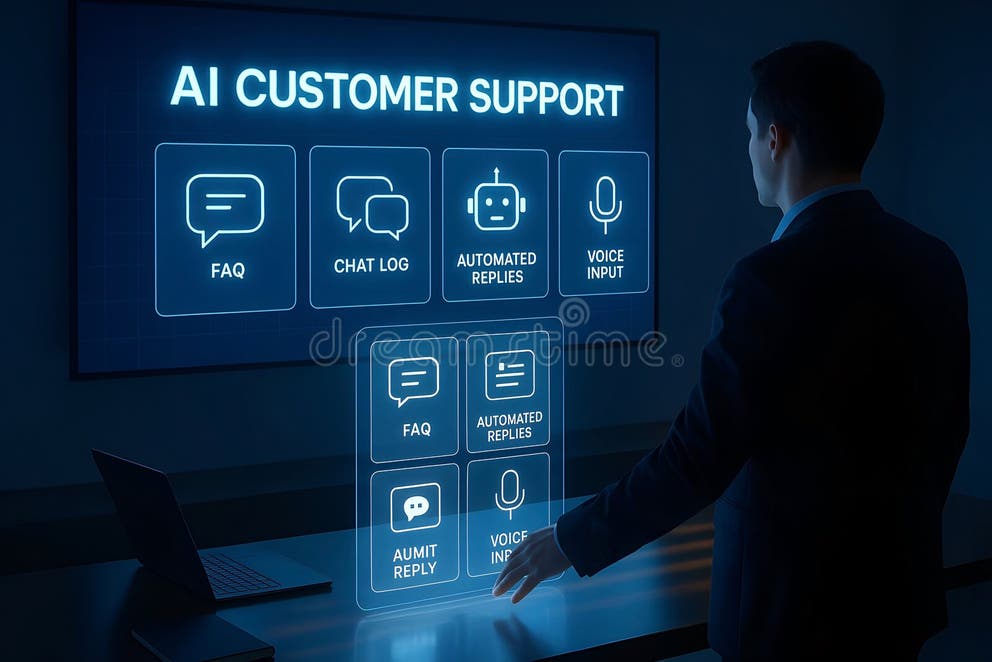 Businessperson Interacting with Ai Customer Support Interface ...