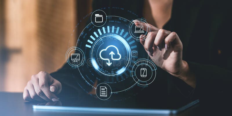 Businessperson Interacting with a Digital Cloud Interface that Displays ...