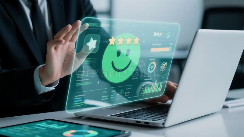 Businessperson Interacting with Holographic Customer Feedback Interface ...