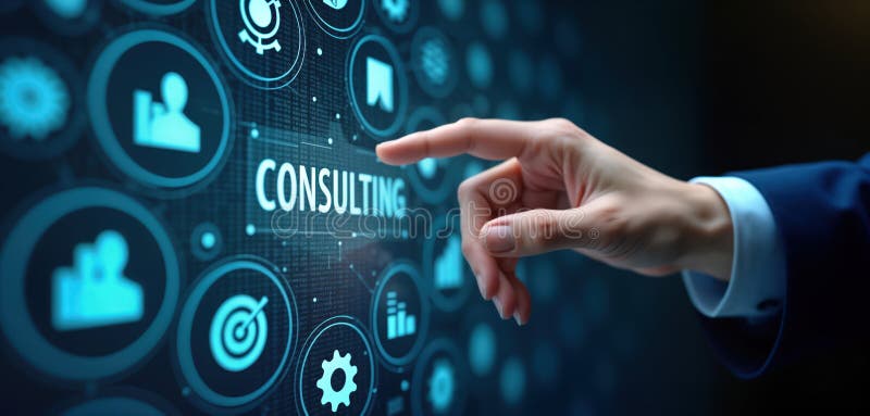 Businessperson Interacts with Virtual Consulting Interface. Hand Points at Word CONSULTING on ...