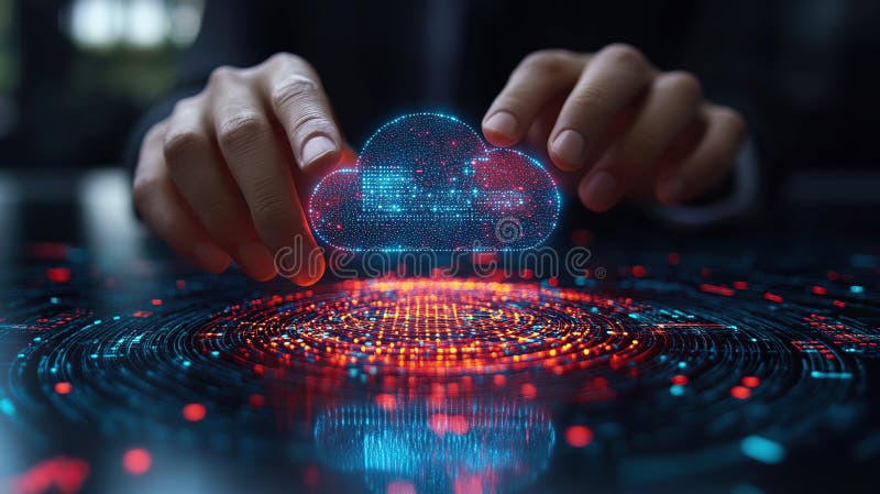 Businessperson Manipulating Digital Cloud Over Interactive Surface with ...