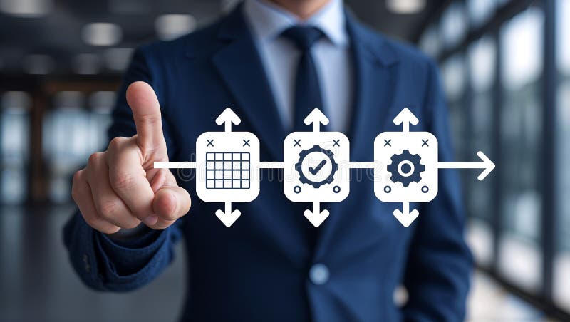 Businessperson Pointing at Process Flow Diagram Illustrating Workflow ...