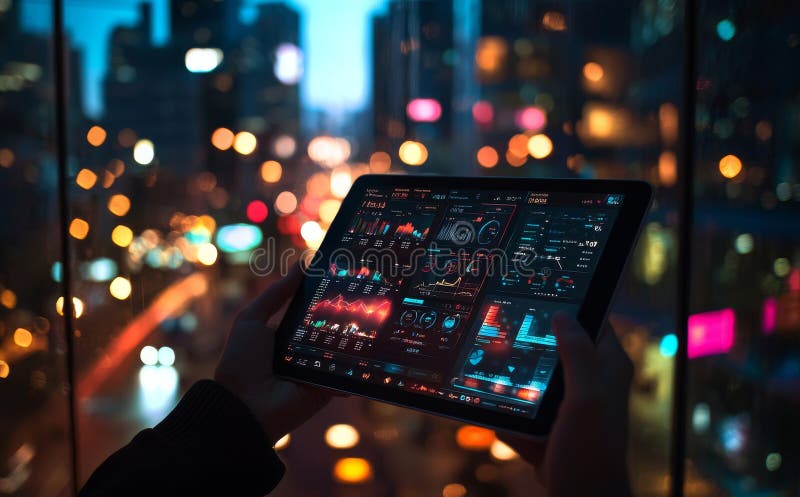 A Businessperson Reviews Financial Data Charts and Binary Code ...