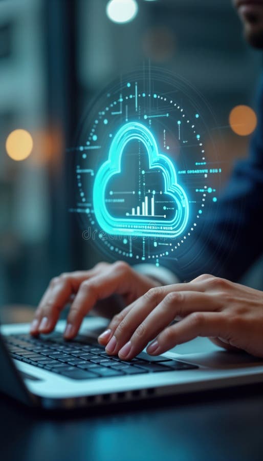 Businessperson Types on Laptop. Cloud Computing Icon Appears on Laptop ...