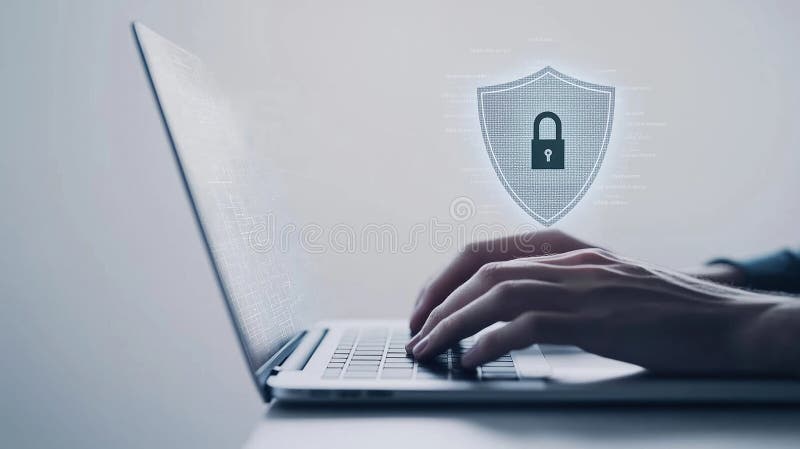 Businessperson Types on Laptop Computer. Cyber Security Concept ...