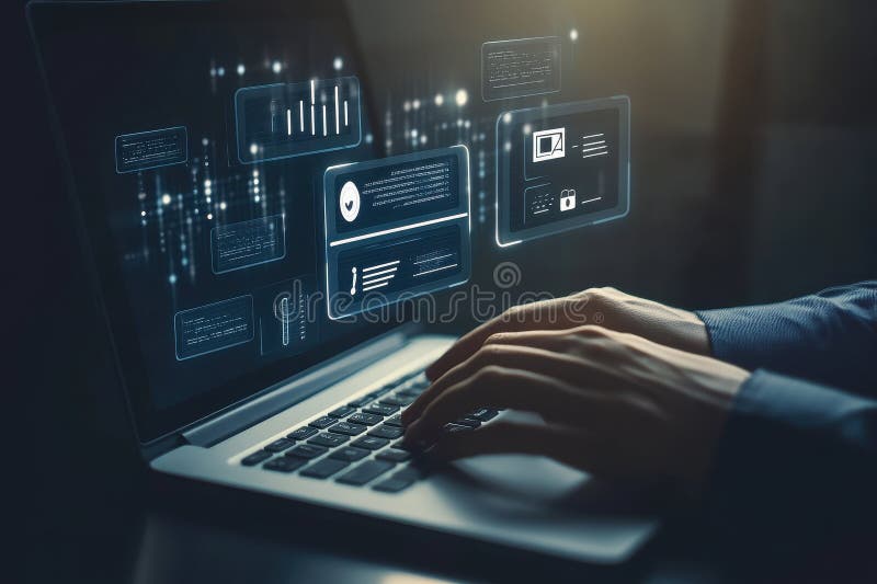 Businessperson Typing on Laptop with Data Visualizations and Digital ...