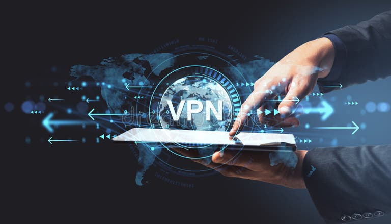 Businessperson Using Digital Tablet with VPN Interface and Global Data ...