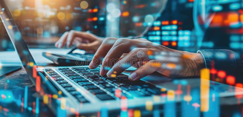Businessperson Using Laptop in Modern Office with Digital Financial ...