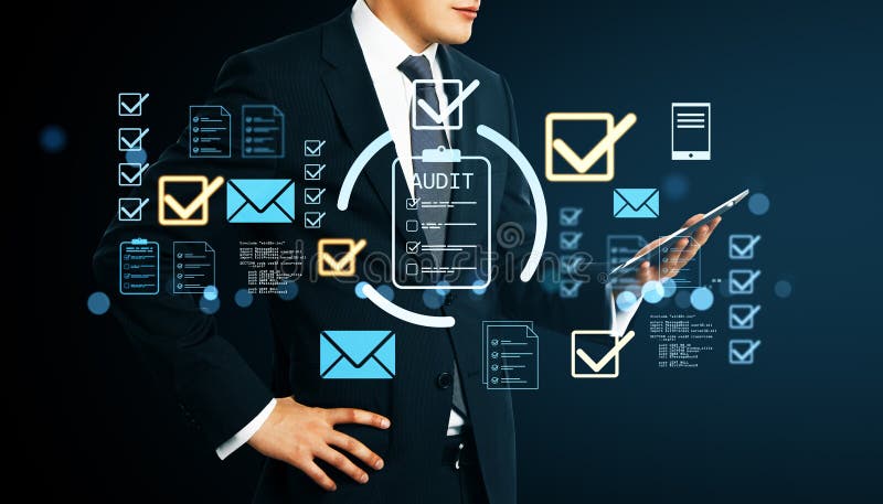 Businessperson Using Smartphone with Digital Audit Icons, Checkmarks ...