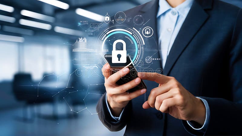 Businessperson Using Smartphone with Digital Lock Icon and Security ...