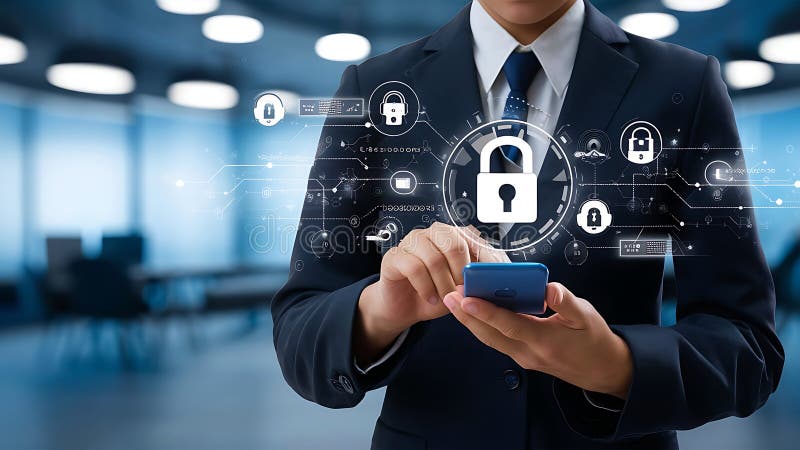 Businessperson Using Smartphone with Digital Lock Icon and Security ...