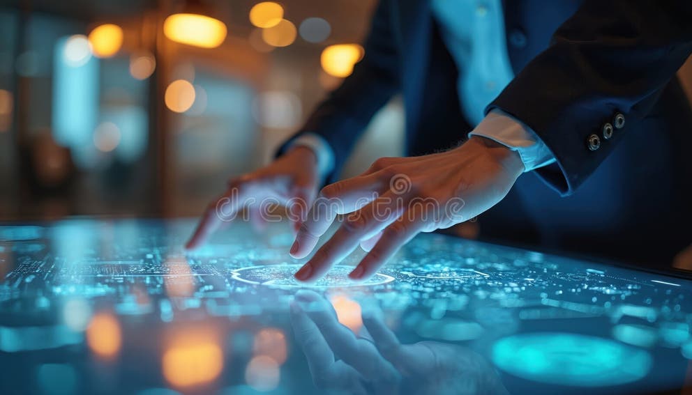 Businessperson Works with High Tech Touchscreen Table. Modern Workspace ...