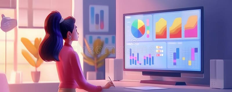 Businesswoman Analyzing Data On Computer With Statistical Graphs And