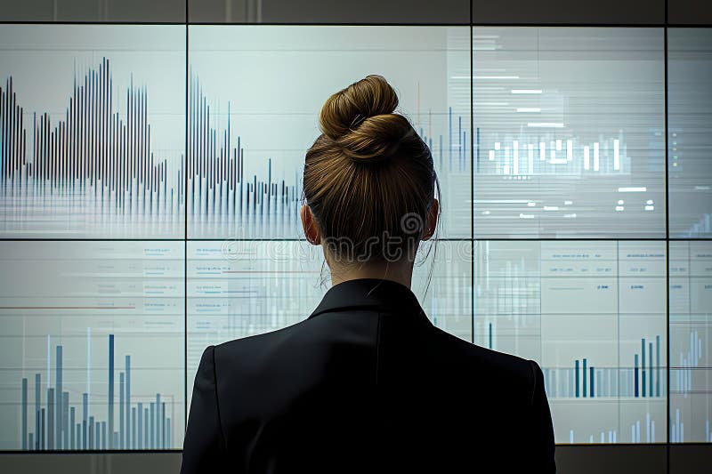 Businesswoman Analyzing Data on Multiple Screens in Office Stock Photo - Image of market ...