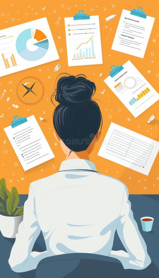 Businesswoman Analyzing Data and Reports in Office, Surrounded by ...