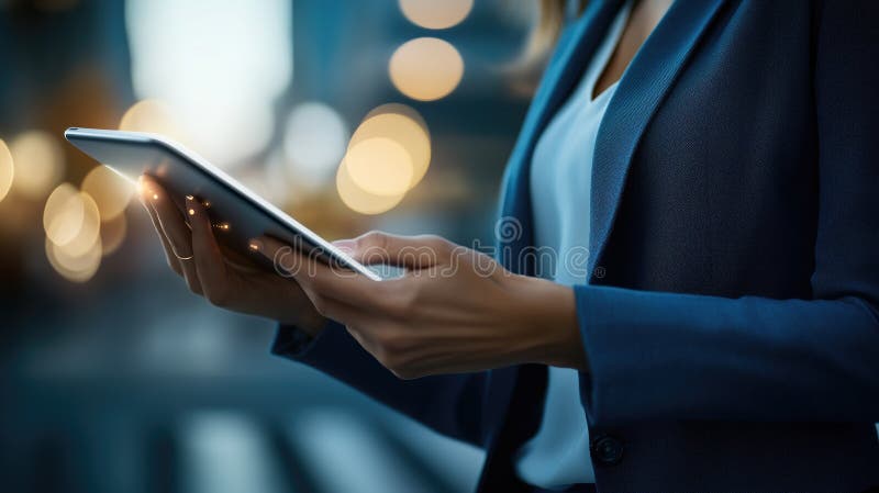 Businesswoman Analyzing Data Tablet.Technological Dark Blue Banner for ...