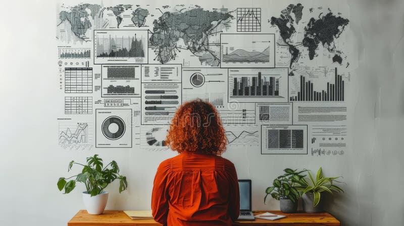 Businesswoman Analyzing Data on Wall with Laptop in Modern Office Stock ...