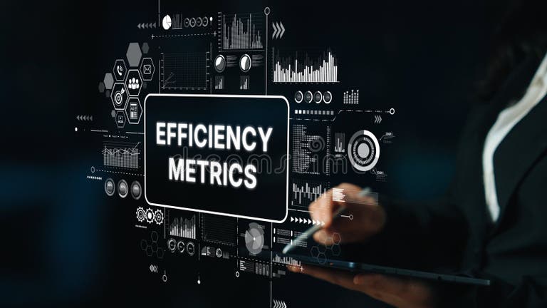 Businesswoman Analyzing Efficiency Metrics on Digital Interface with ...
