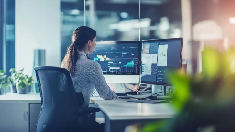 Businesswoman Analyzing Financial Data Using Computer in Modern Office ...