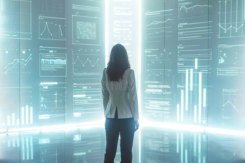 Businesswoman Analyzing Futuristic Data Graphics on an Interactive Wall Display Stock Image ...