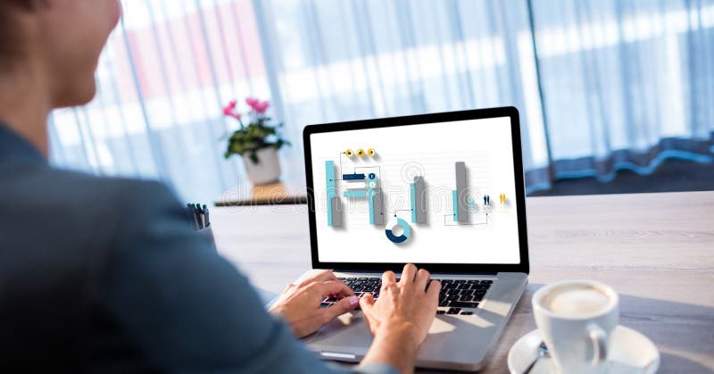 Businesswoman Analyzing Graphs on Laptop at Desk Stock Illustration ...