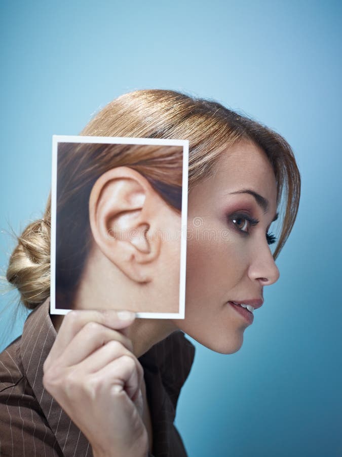 Woman Listening with Ridiculously Big Ear Stock Photo - Image of gossip ...