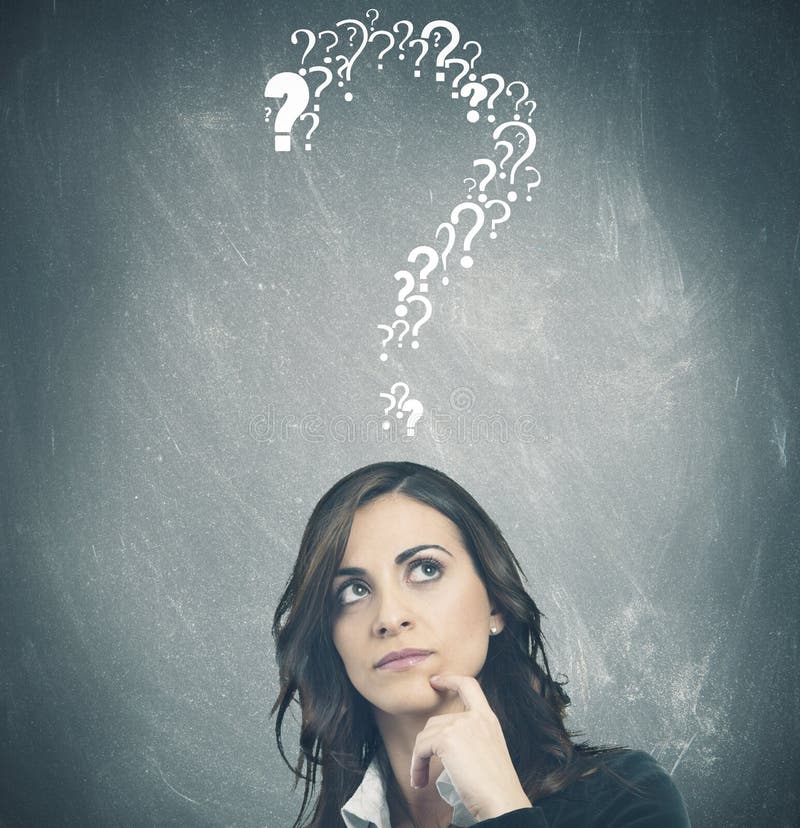 Thinking Woman Looking Up at Many Questions Marks Stock Image - Image ...