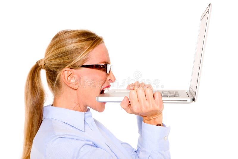Angry Business Woman Biting Laptop Stock Image - Image of expression ...