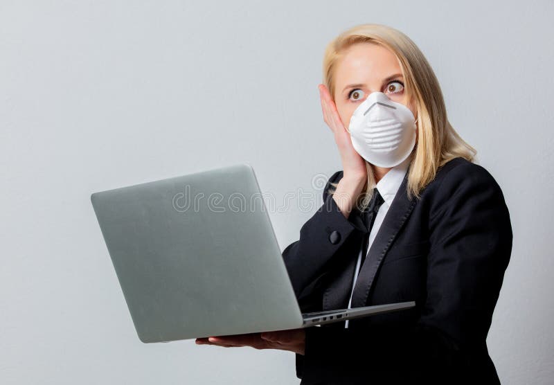 Businesswoman in Black Suit and Face Mask with Computer Stock Image ...