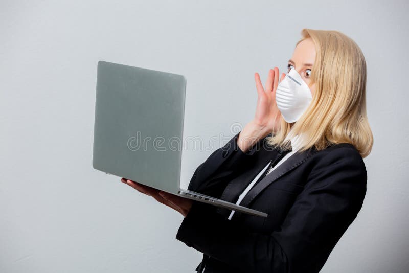 Businesswoman in Black Suit and Face Mask with Computer Stock Image ...