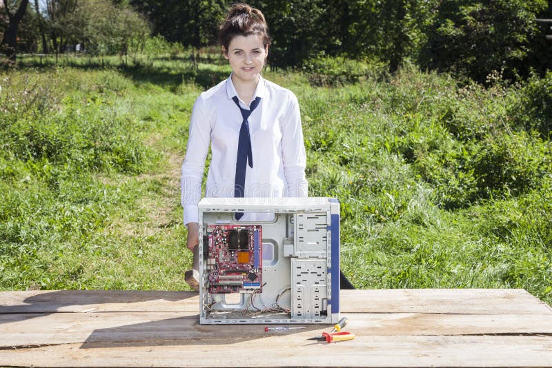 Businesswoman and Broken Computer on the Table Stock Image - Image of ...