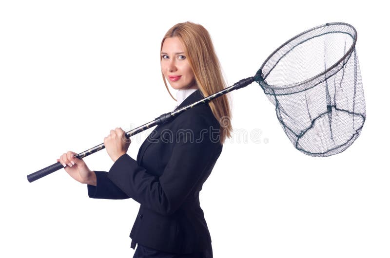 Businesswoman with Catching Net on the White Stock Image - Image of ...