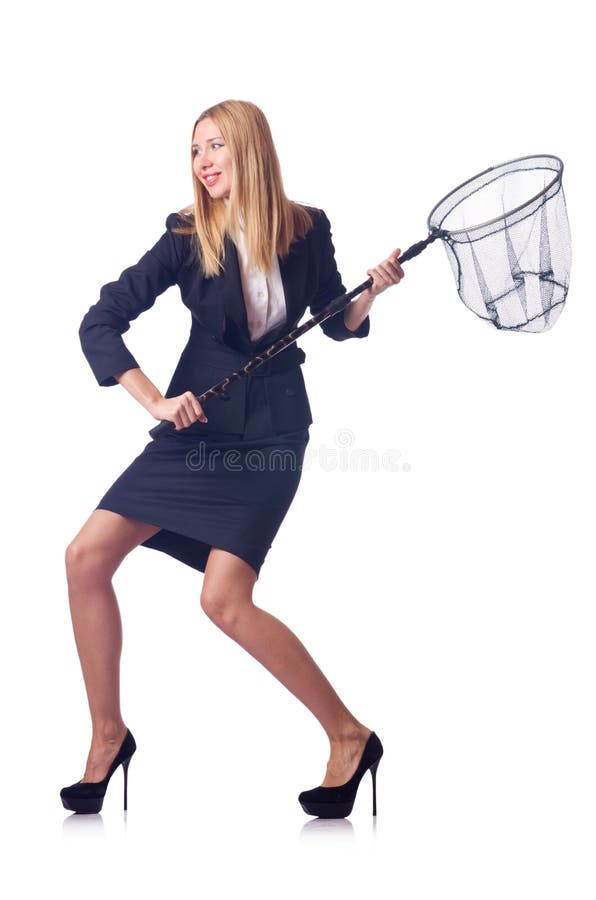Businesswoman with Catching Net on the White Stock Image - Image of ...