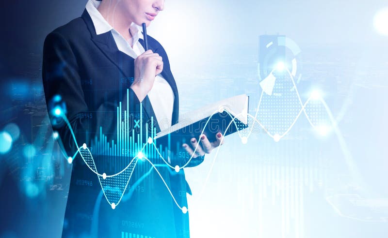 Businesswoman Checking Notes in Notebook. Digital Graph of Stock Stock ...